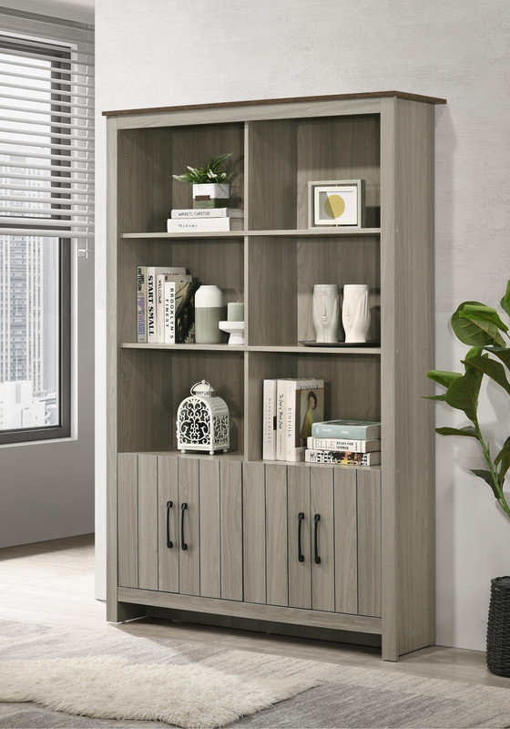 Hokku Designs Modern Gray Oak Bookcase - 47" Wide Shelf Unit with Concealed Storage Cabinets ...